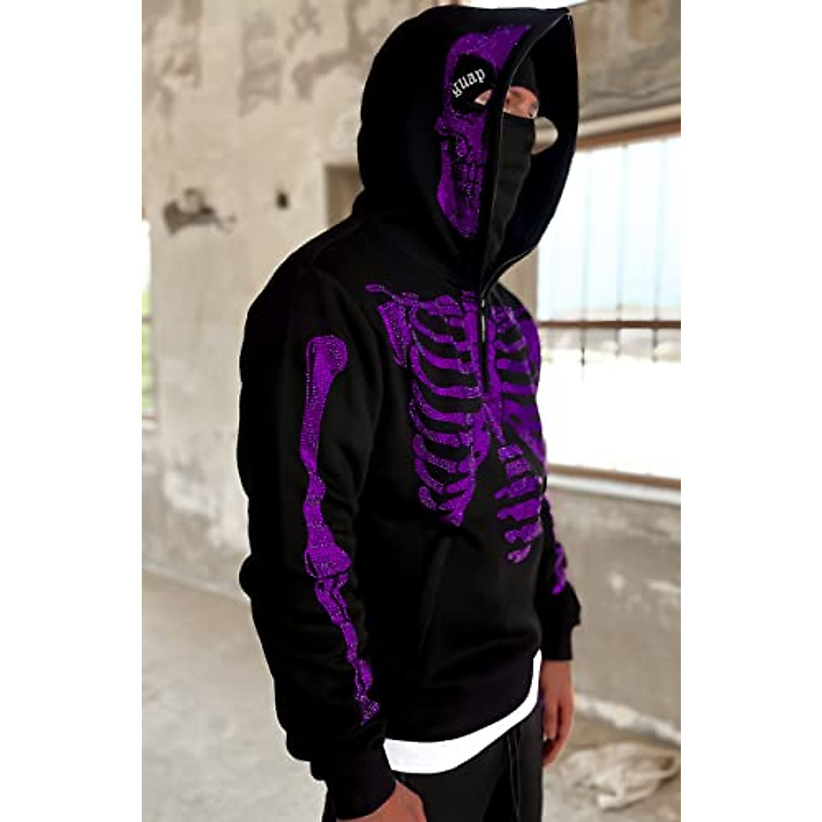 Easyoyo Skeleton 1/4 Zip Up Hoodie for Men Women, Gothic Diamond Glitter Oversize Grunge Punk Dark Sweatshirt