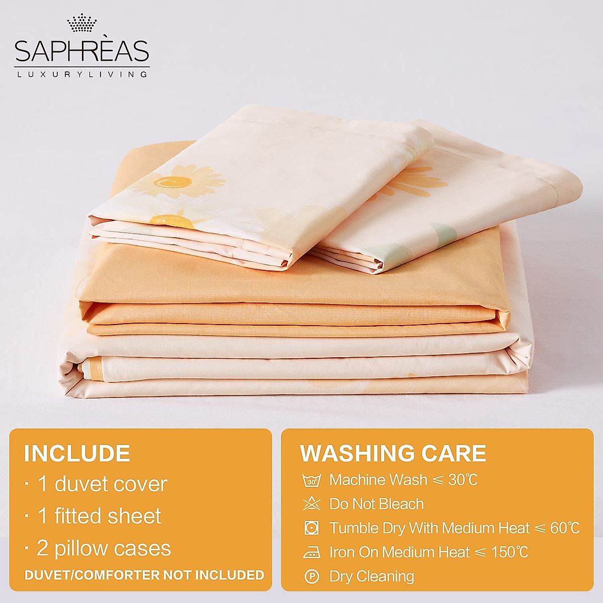 SAPHREAS King Size Duvet Cover Set with Fitted Sheet 4pcs Daisy Floral Bedding Comforter Cover Set 1 Quilt Cover 1 Fitted Sheet 2 Pillow Shams