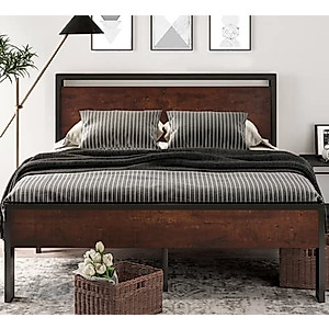 SHA CERLIN 14 Inch Queen Size Metal Platform Bed Frame with Wooden Headboard and Footboard, Mattress Foundation, No Box Spring Needed, Large Under Bed Storage, Non-Slip Without Noise, Mahogany