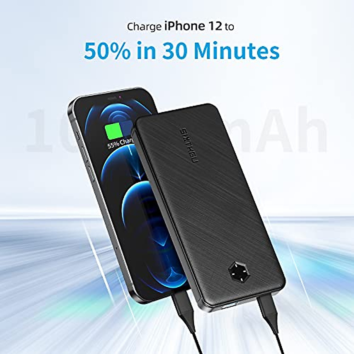 SIXTHGU Portable Charger, S2101 Power Bank 10000mAh USB C Battery Pack with 3A Fast Charging and Dual Output for iPhone, Samsung Galaxy and More（Black）