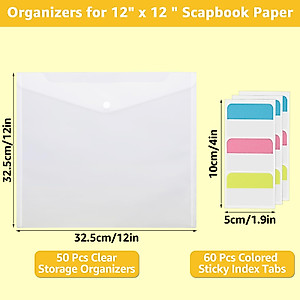 WOPPLXY 50 Pcs Scrapbook Paper Storage with Buckle Design, 12 x 12 Inch Clear Scrapbook Paper Organizer with 60 Pcs Sticky Index Tabs for Holding Scrapbook Paper, Vinyl Paper, Photos, Clear, Cardstock