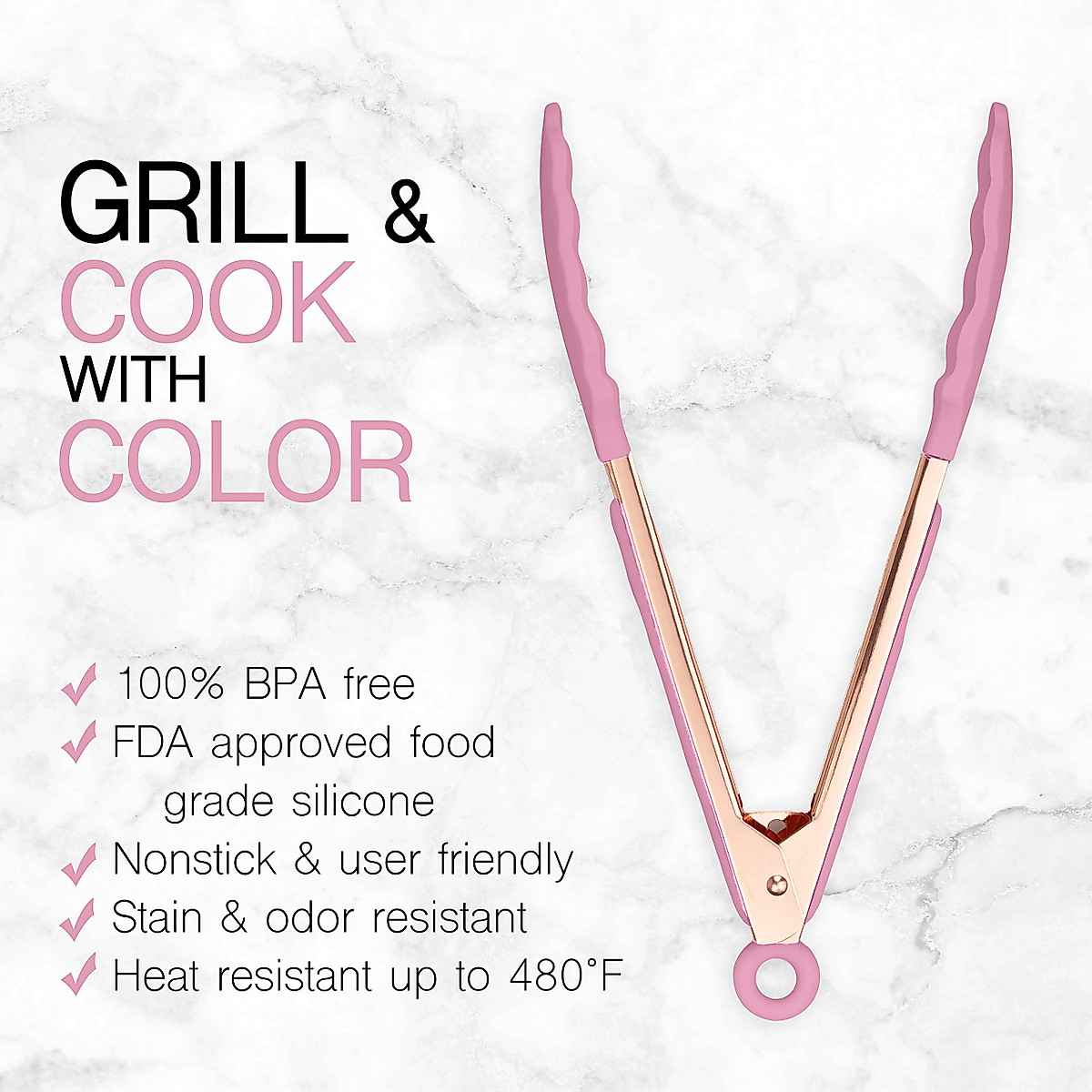 COOK WITH COLOR Stainless Steel Silicone Tipped Kitchen & BBQ Tongs Set, 2 Pc Tongs, Pink