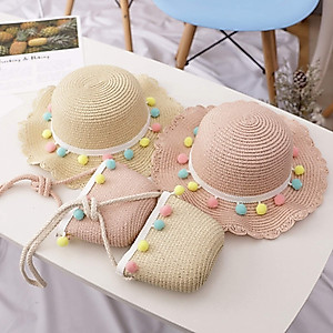 Toddler Baby Girls Straw Hat Wide Brim Sun Hat with Shoulder Bag Set Cute Pompom Beach Hat (Head circumference50-52cm/19.7-20.5", Beige)