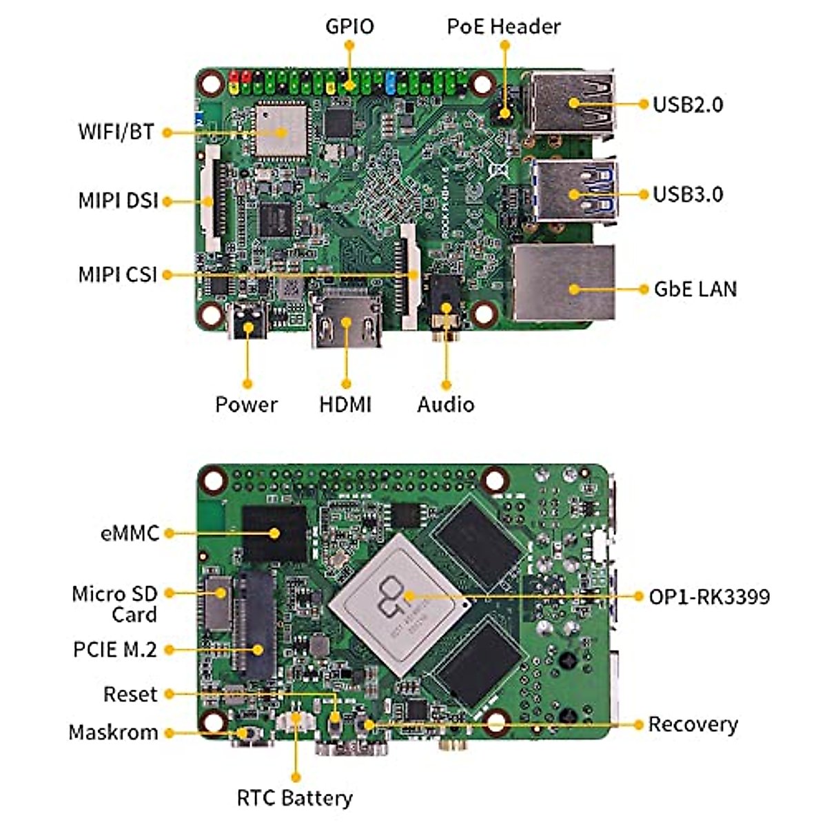 youyeetoo Rock PI 4 Model B SBC Basc RK3399 OP1 Onboard WLAN Bluetooth 5.0 (Rock Pi 4 Model B Plus 4GB LPDDR4 RAM onboard 64GB EMMC)