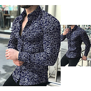 Men's Casual Hawaii Floral Printed Shirts Loose Long Sleeve Button Lapel T-Shirt Fashion Top Blouse