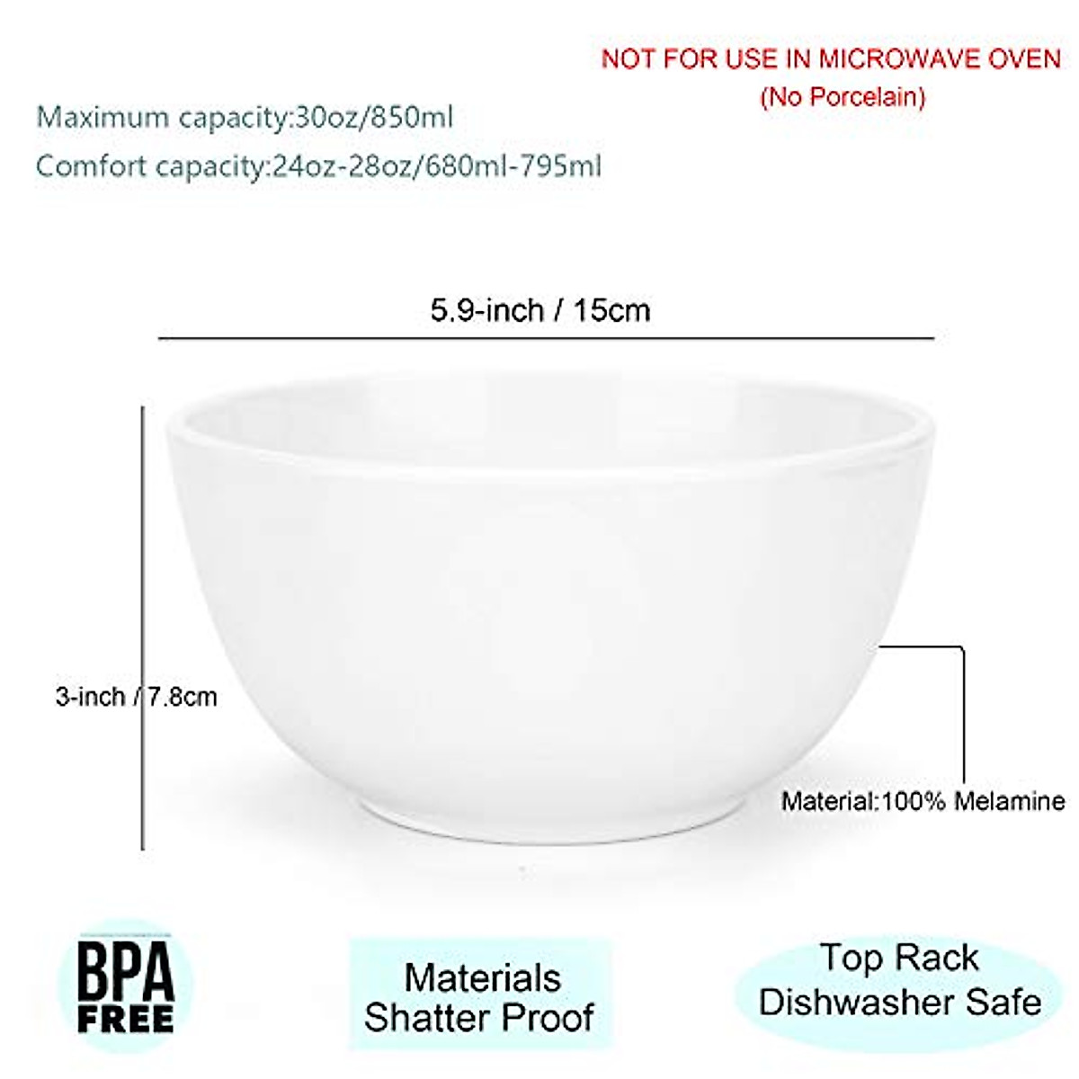 KX-WARE Melamine Bowls set - 28oz 6inch 100% Melamine Cereal/Soup/Salad Bowls, Set of 6 White | Shatter-Proof and Chip-Resistant Dishwasher Safe, BPA Free