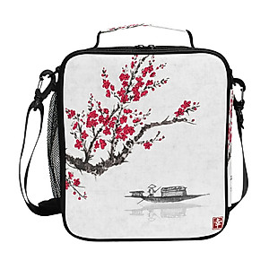 AUUXVA Japanese Cherry Blossom Flower Insulated Lunch Box Bags for Women Men Kids Girls Tote Crossbody Thermal Lunch Container Food Carrier