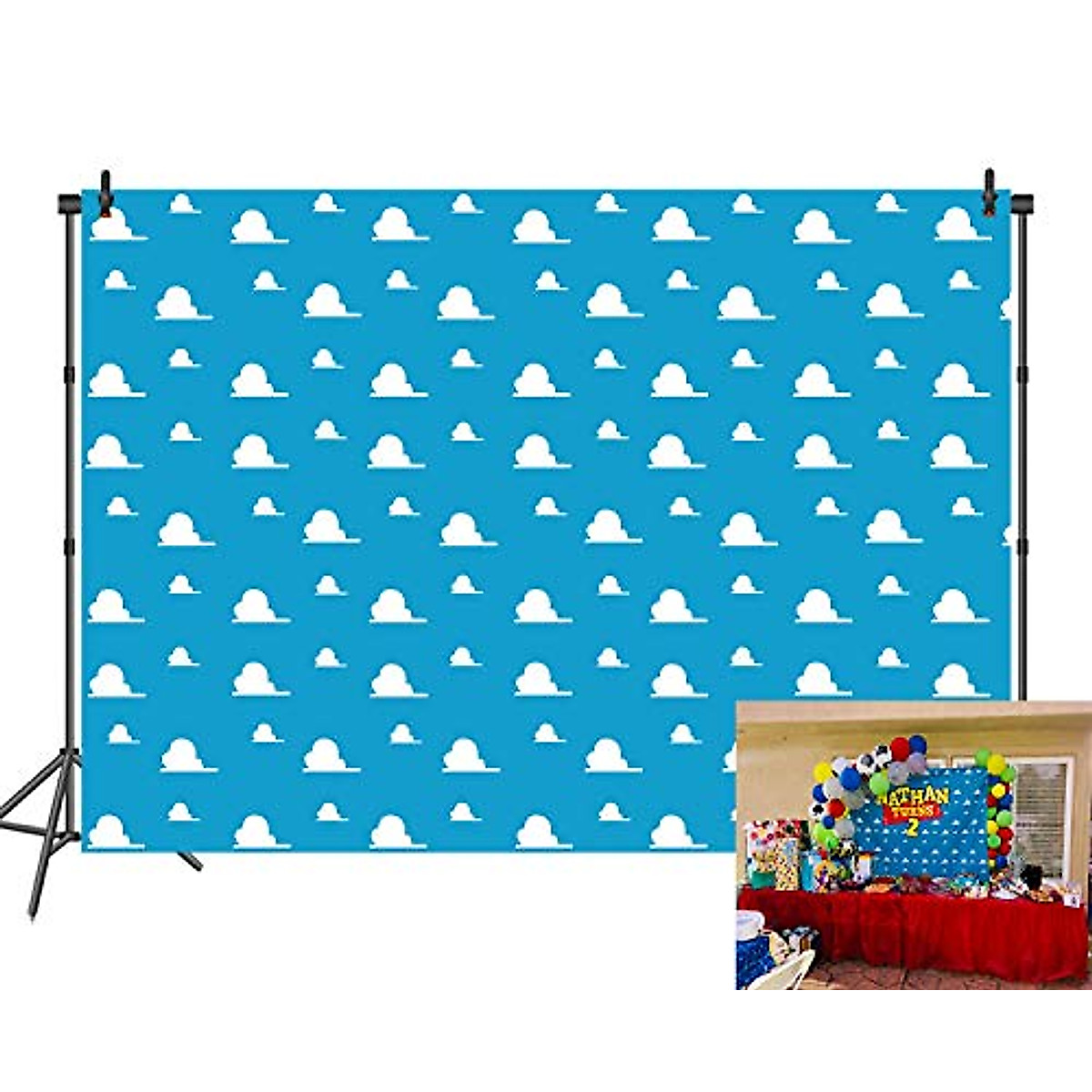 BINQOO 7x5ft Cartoon Blue Sky White Clouds Backdrop Toy Story Kids Birthday Party Boy Baby Shower Photography Background Photo Studio Props