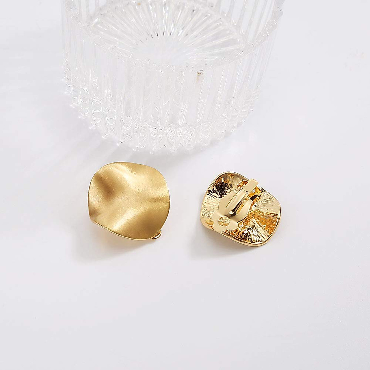 Gold Clip on Earrings for Women Disc Hammered Stud Clip Earrings