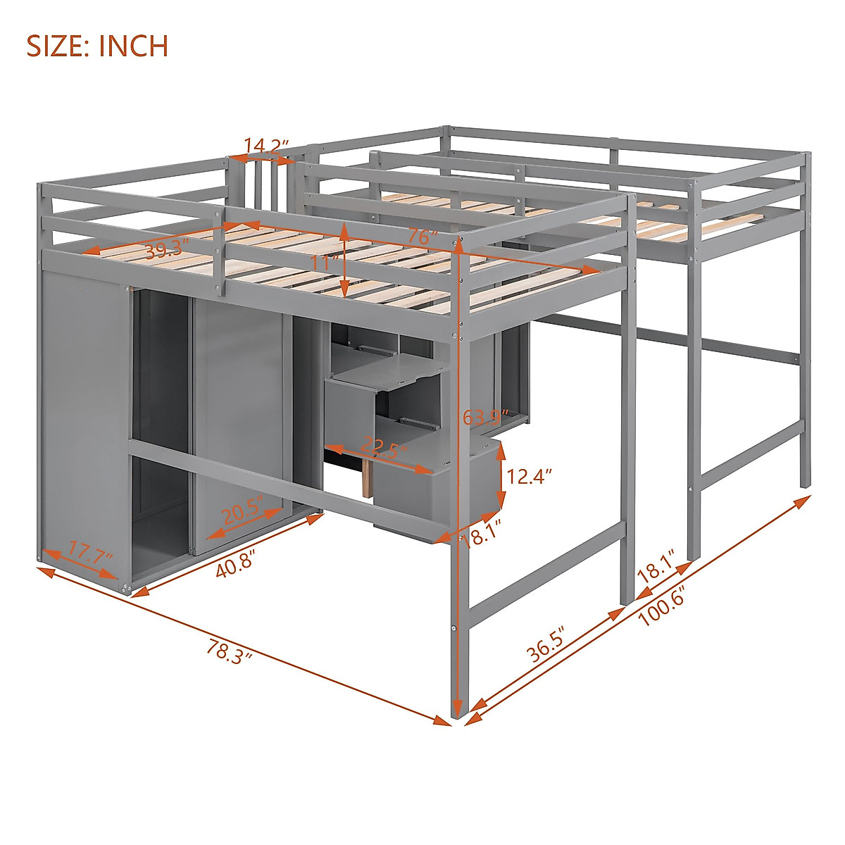 Double Loft Beds with Stairs and 2 Wardrobes, Twin Size Wood Loft Bed Frame with Large Storage Staircase and Closet for Two Kids Girls Boys Teens, No Box Spring Needed, Gray