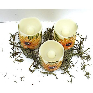 Decorative Small 1 1/2 Inch Off White Plastic Battery Operated Flameless Flickering Flame Votive Candles Set of Three with Hand Painted Sunflowers Boho Decor Goddess Arts Collection