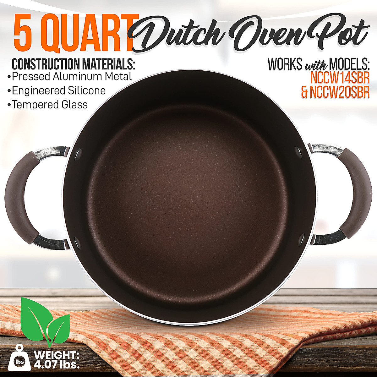 NutriChef Dutch Oven Pot with Lid - Non-Stick High-Qualified Kitchen Cookware with See-Through Tempered Glass Lids,5 Quart (Works with Models: NCCW14SBLU & NCCW20SBLU)NCCW14SBLUDOP