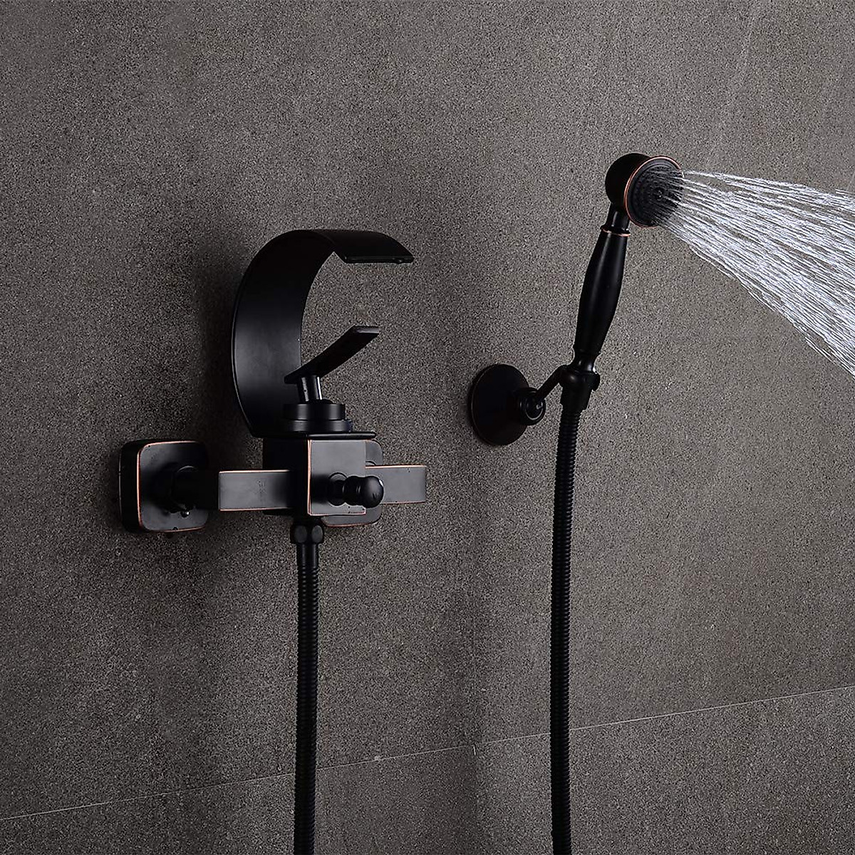 Wovier Oil Rubbed Bronze Waterfall Wall mount Bathtub Faucet,Single Handle Tub & Shower Mixer with Hand Held Shower Set,Black