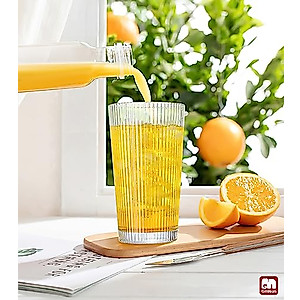 GMISUN Iced Coffee Cups with Lids, Glass Cups with Lids and Straws, Ribbed Glassware, Drinking Glasses Set of 4, Vintage Glassware Cocktail Glasses 14oz for Cocktail, Gift