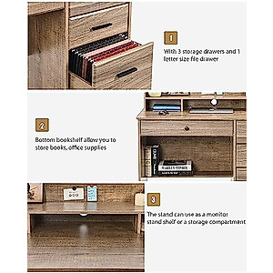 Computer Desk with 4 Drawers and Storage, Small Office Desk with File Drawers and Hutch, Farmhouse Wood Writing Student Table for Home Office, Bedroom, Wooden Grey