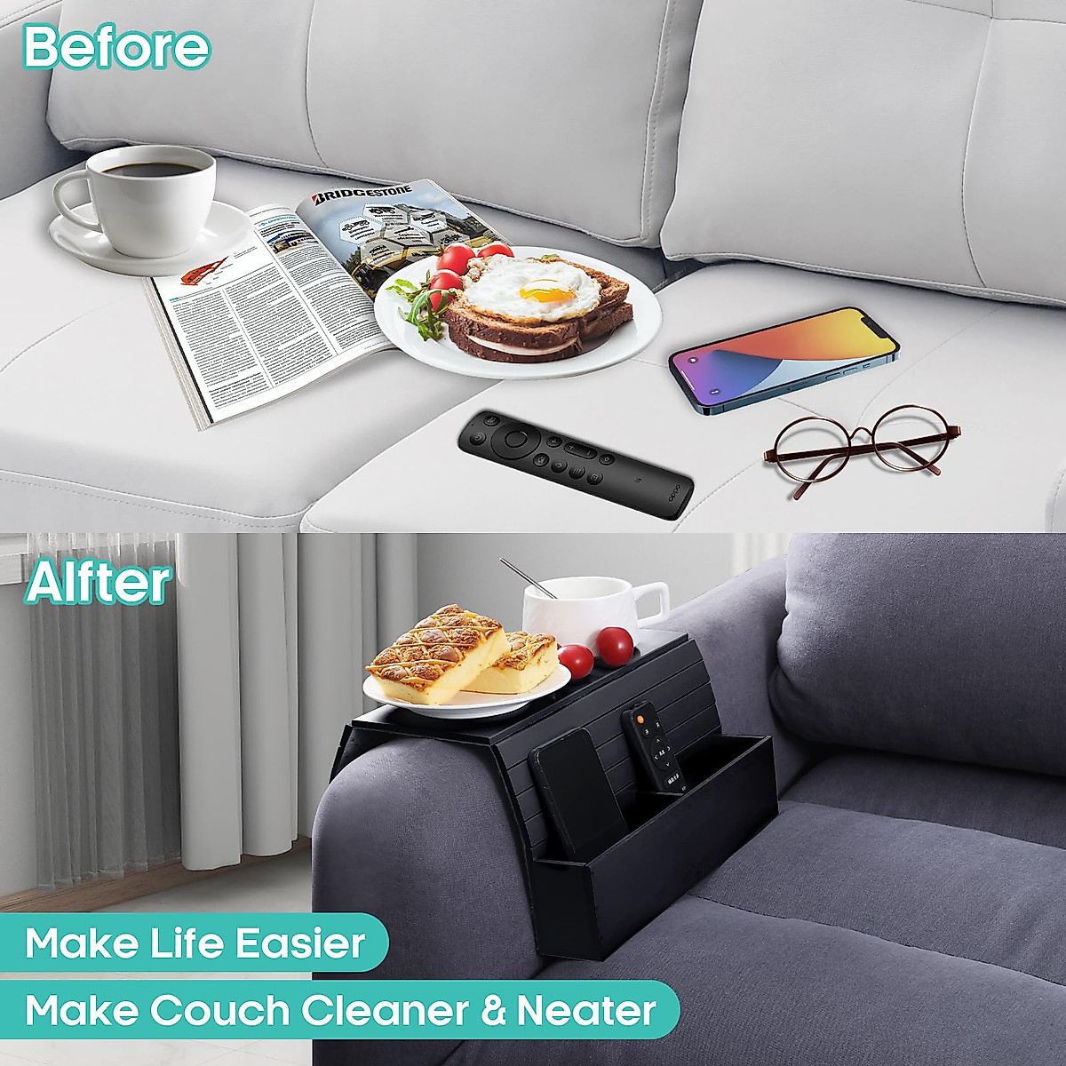 MSSHTECH Couch Arm Table Cup Holder Tray, Sofa Arm Rest Tray Table for Couch, Bamboo Over Arm Couch Side Armrest Tray for Remote, Phone, Glasses, Drinks, Flexible and Foldable (Black)