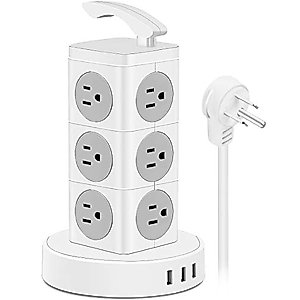 Power Strip Tower, FTEDK Surge Protector Power Tower with 12 AC and 3 USB Long Extension Cord 3.4A USB IQ Charging Station with Overload Protection for Home Office Dorm