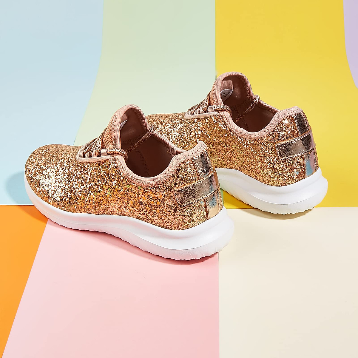 K KIP WOK Toddler Girls Glitter Sneakers Sparkle Slip On Walking Shoes for Kids/Children Breathable Running Sneakers(Rose Gold2,Big Kids 4)