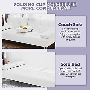 Giantex Convertible Futon Sofa Bed, Faux Leather Sectional Couch Sleeper, Removable Armrests 2 Cup Holders Backrest Adjustable, Upholstered Small Guest Bed for Apartment Living Room White