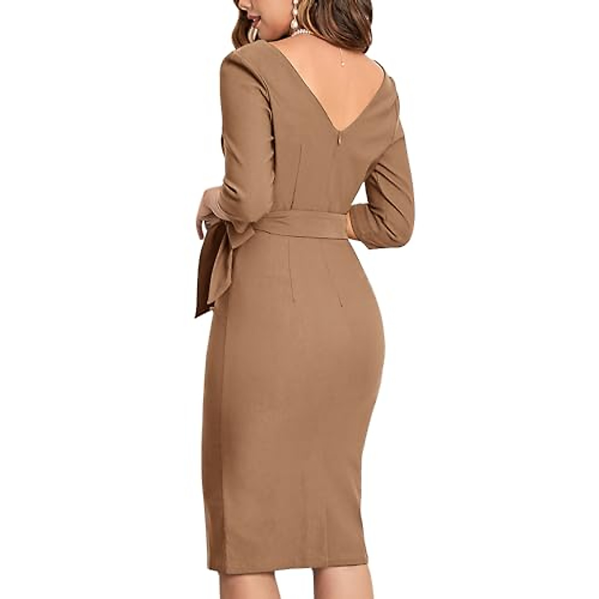MUXXN Ladies Retro Cut Out Neck Elbow Sleeves Graduation Party Pencil Dress (Camel L)