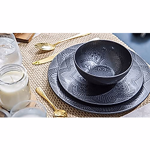 bzyoo BPA-Free Dishwasher Safe 100% Melamine Plastic Plate & Bowl Set Casual dining Indoor and Outdoor Dining Party Environmental Friendly (12 PCS set, Service for 4, La la Mandala -black)