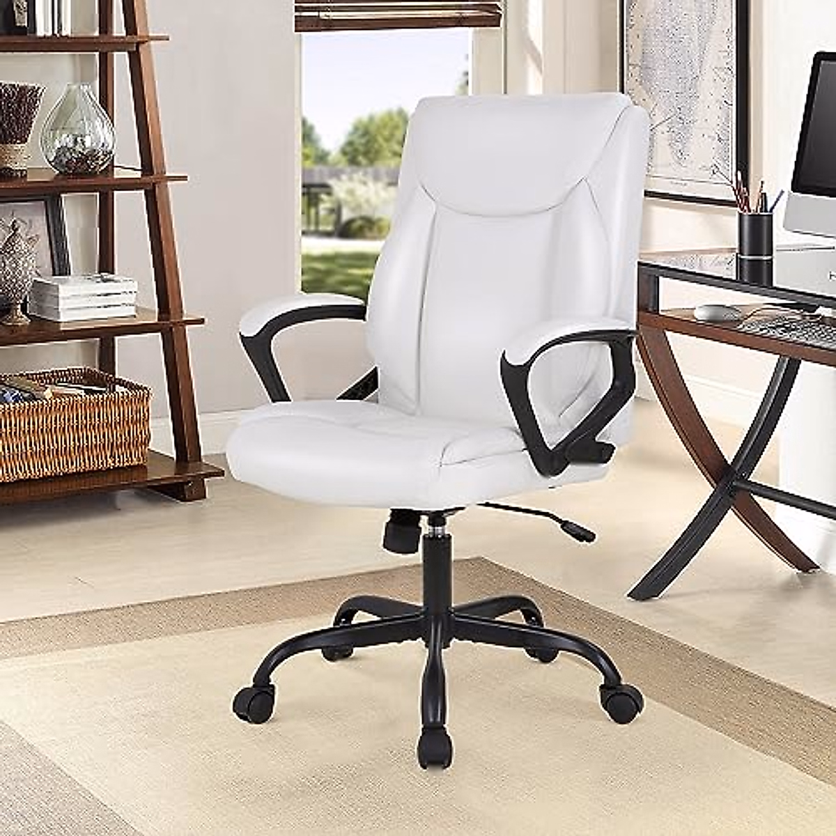 Home Office Chair Ergonomic Desk Chair PU Leather Task Chair Executive Rolling Swivel Mid Back Computer Chair with Lumbar Support Armrest Adjustable Chair for Men White