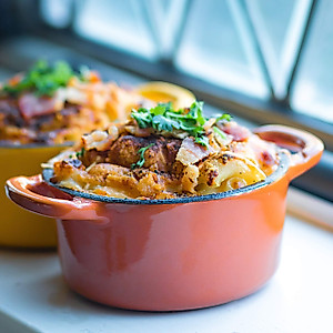 RJ Legend 8.5 oz. Mini Cocotte with Lid, Set of 3 Small Dutch Oven for Baking, Enameled Cast Iron Ramekin, 0.25 Quart, Orange/White/Yellow, 3 Piece