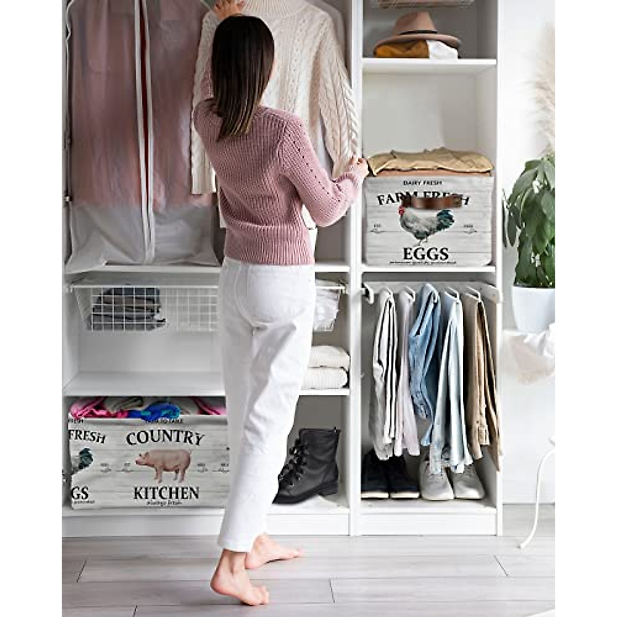 Farmhouse Animals Storage Bins 1 Pack, Large Waterproof Storage Baskets for Shelves Closet, Farm Cow Pig Oil Painting Storage Basket Foldable Storage Box Cube Storage Organizer with Handles