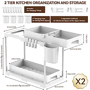 GAOLINE 2 Pack 2 Tier Under Sink Organizers and Storage,Under Bathroom Cabinet Organizer with Hooks Hanging Cup, Double Sliding Drawers Cabinet Basket Organizer for Bathroom, Up to 14.5 inches, White