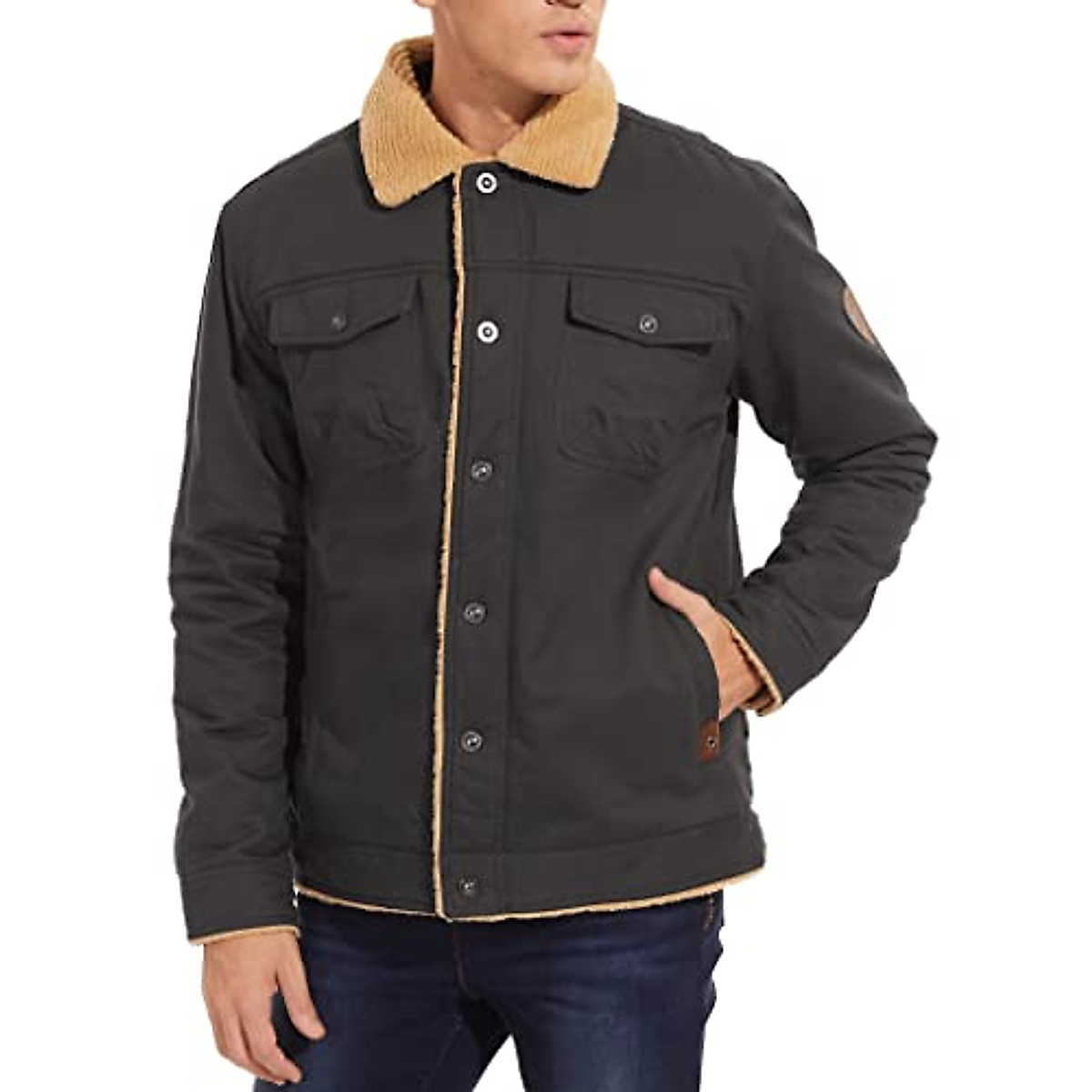 MAGCOMSEN Mens Sherpa Jackets Cargo Jackets Cotton Jackets Fleece Lining Windbreaker Work Jackets Black,XL