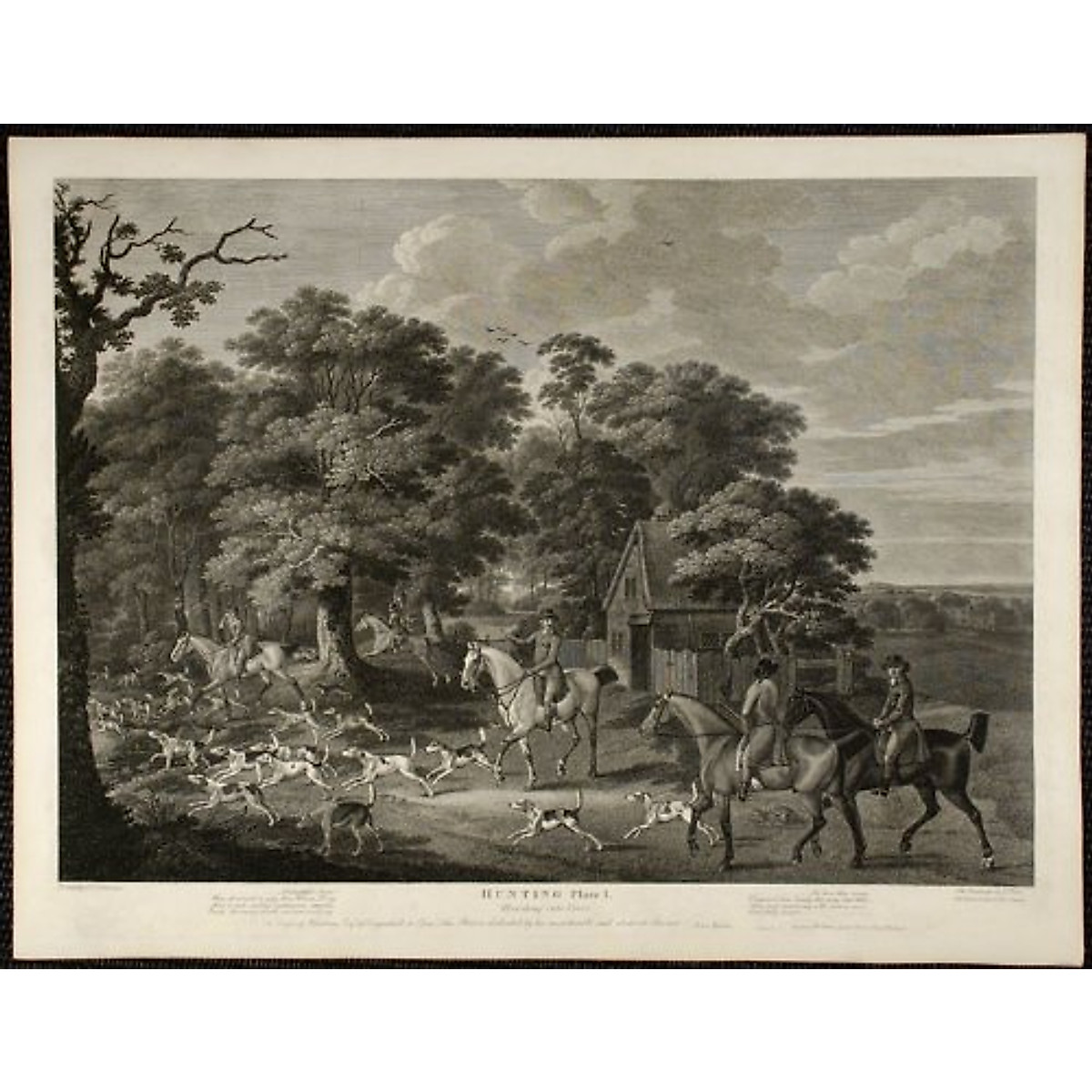 Hunting. [Four plates] Plate I. Brushing into Cover. Plate II. The Chase. Plate III. At Fault. Plate IV. The Death