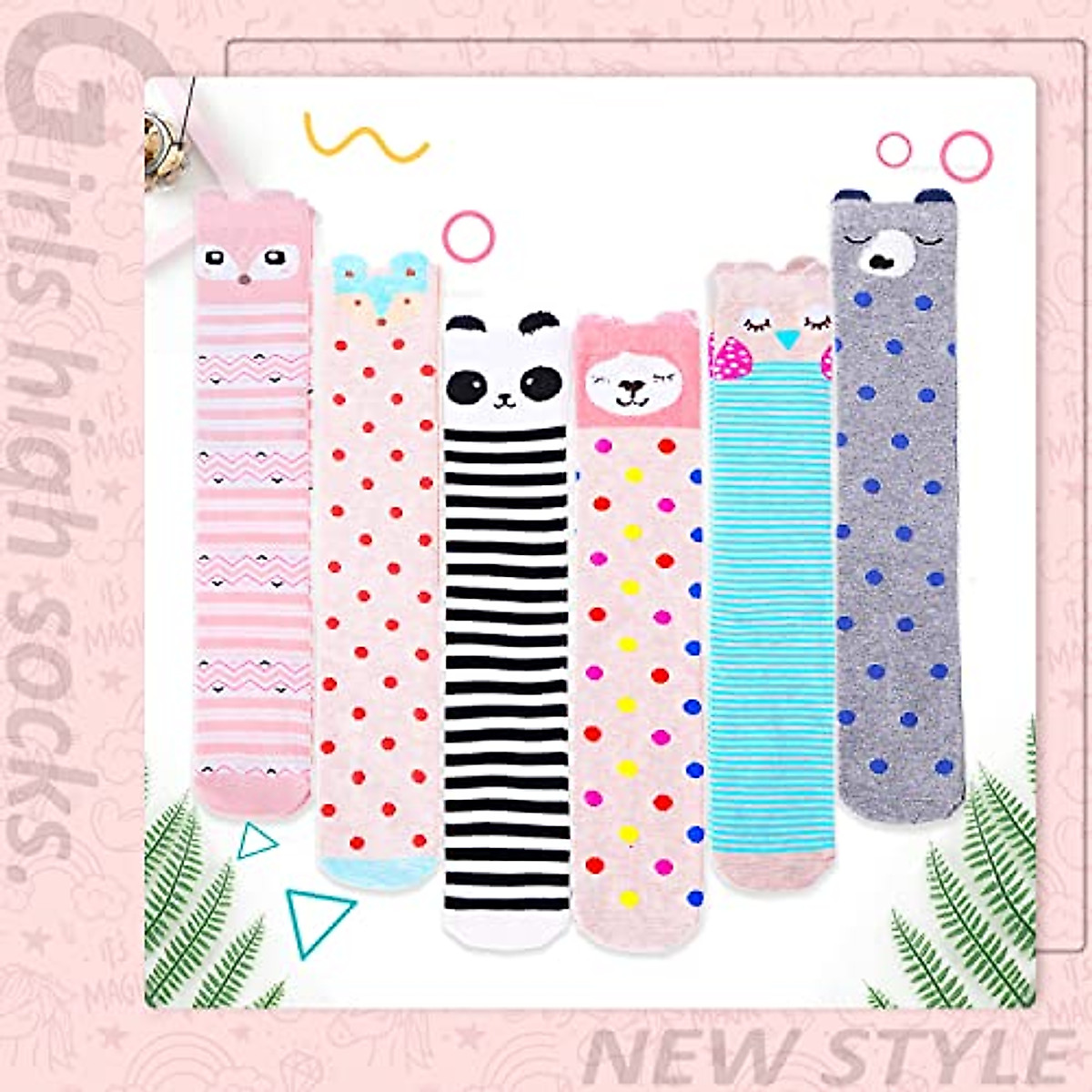 MOGGEI Kids Girls Knee High Socks Gift Long Crazy Silly Tall Funny Boot Cute Animal Child Fun Gift Stocking Stuffer Socks 6 Pairs Girls Socks(Animal A)