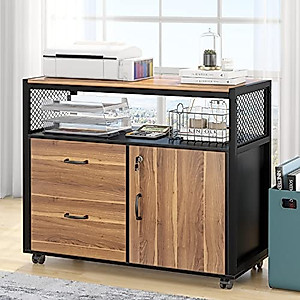 Tribesigns L Shaped Desk with Drawer Cabinet, 55" Executive Computer Desk and lateral File Cabinet, 2 Piece Home Office Furniture with Drawers for Hanging File, Doors with Locks (Dark Walnut+Black)