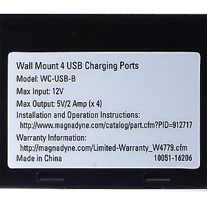 Magnadyne Wall Mount Charging Station, USB-C, USB-A, VPA Sockets, HDMI Pass Through, RV and Automotive Use Wall Plate Included (Black, 4 USB-A Charging Ports)