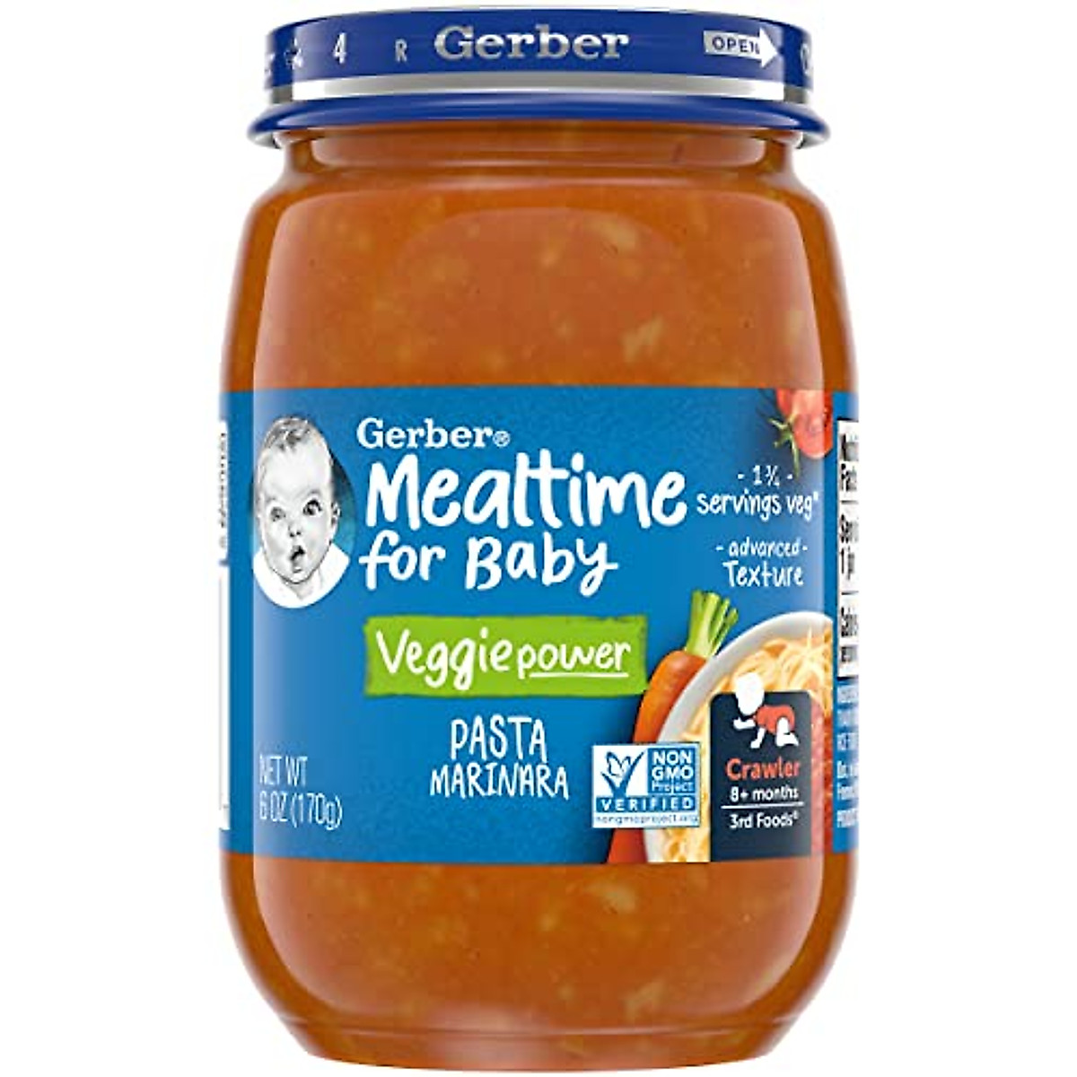 Gerber Mealtime for Baby 3rd Foods Veggie Power Baby Food Jar, Pasta Marinara, Non-GMO Pureed Baby Food for Crawlers, 6-Ounce Glass Jar (Pack of 12 Jars)