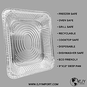 EJY IMPORT Aluminum Pans Half Size, 9x13, Heavy Duty Disposable Foil Pans For Baking, Chafing & Roasting, Deep Tin Foil Bakeware, Food Prepping, Steam Table Tray. (10 Pack, With Lids)