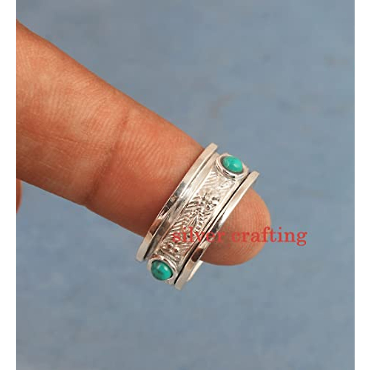 Turquoise Spinner Meditation Ring Sterling Silver Handmade Round Turquoise Ring Fidget Spinner (8)