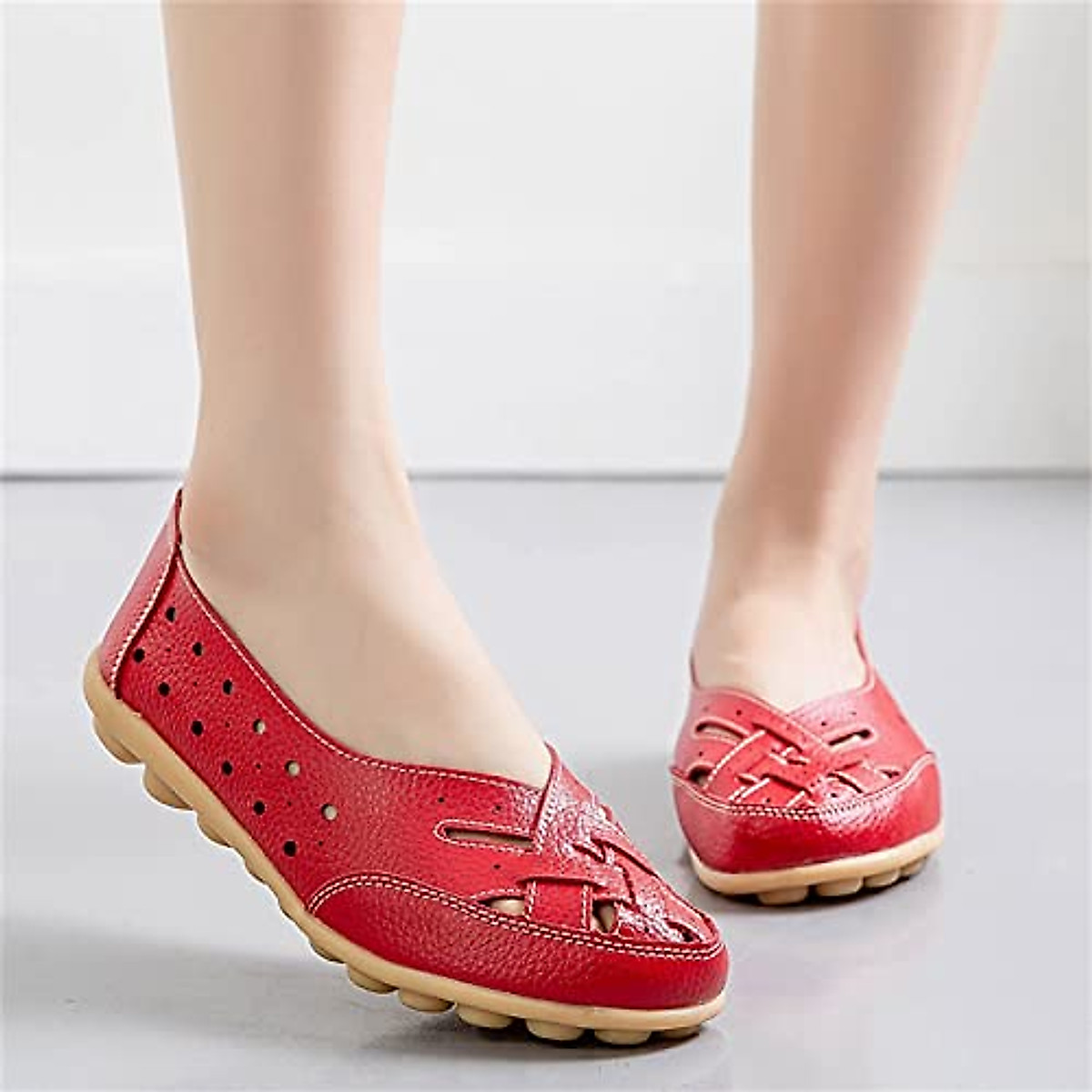 Mzluyin Women's Comfort Walking Boat Shoe Wide Fit Casual Mesh Hollow Breathable Classic Ladies Travel Slip On (Red, 5)
