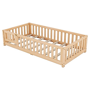 Harper & Bright Designs Twin Size Floor Bed Frame, Wooden Twin Montessori Floor Bed with Rails, Door and Support Slats, Kids Twin Size Bed Frame for Boys & Girls, Natural