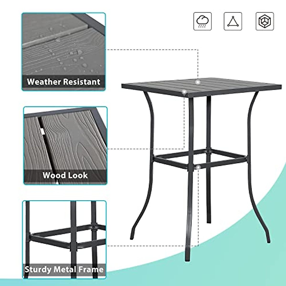 Verano Garden 3 Pieces Patio Bar Set, All Weather Outdoor Bistro Set, High Top Patio Table with Wooden Look Top and Chairs with Soft Cushion for Patio, Backyard, Porch, Garden or Poolside