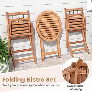 HAPPYGRILL 3 Pieces Acacia Wood Patio Bistro Set, Folding Outdoor Table and Chairs Set with Cushions, Outdoor Patio Furniture Set for Porch, Balcony, Deck, Garden, Backyard