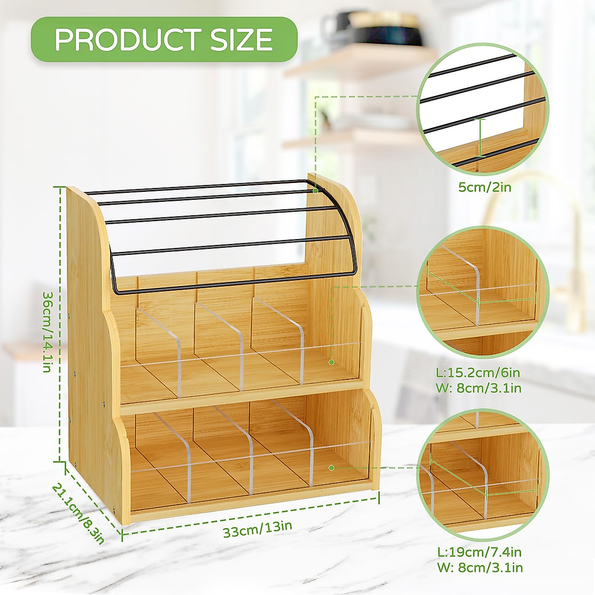 LASZOLA Bamboo Tea Bag and Coffee Holder Organizer for Cabinet Counter Office, 3 Tier Large Capacity Vertical K Cup and Tea Packet Storage Rack, Sturdy Display Stand, Easy Assemble