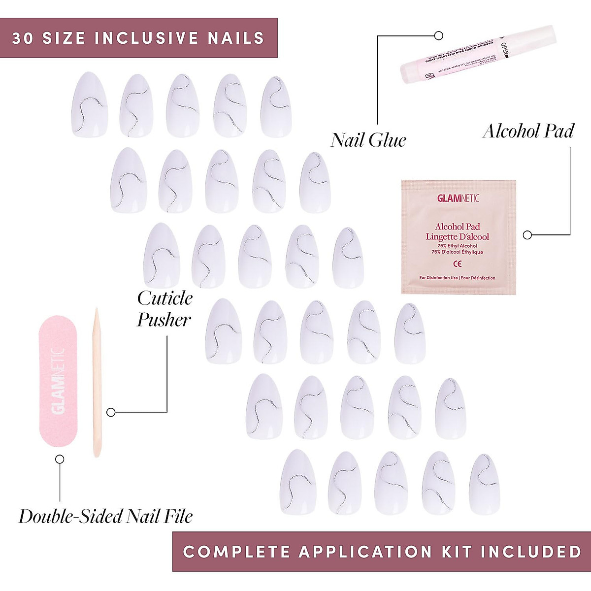 Glamnetic Press On Nails - Silent Night | Short Almond White Nails with 3D Silver Foil in a Glossy Finish | 15 Sizes - 30 Nail Kit with Glue