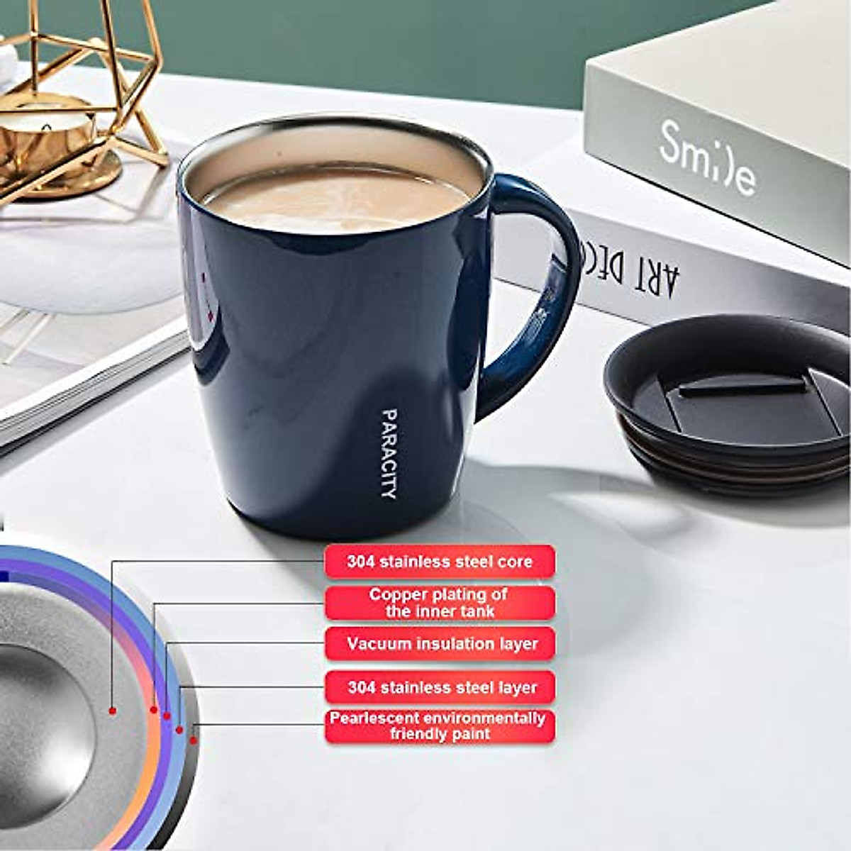 PARACITY Insulated Coffee Mug Stainless Steel Coffee Mug with Lid Handle Double Wall Vacuum Travel Mug Camping Tumbler Cup Men Women 12 oz