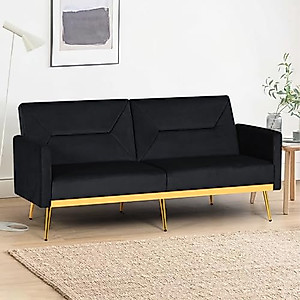 Lesofair Velvet Sofa Bed with Adjustable Backrest, Tufted Futon with Adjustable Armrests, Convertible Sleeper Couch w/Golden Legs for Living Room, Bedroom, Waiting Room, Black