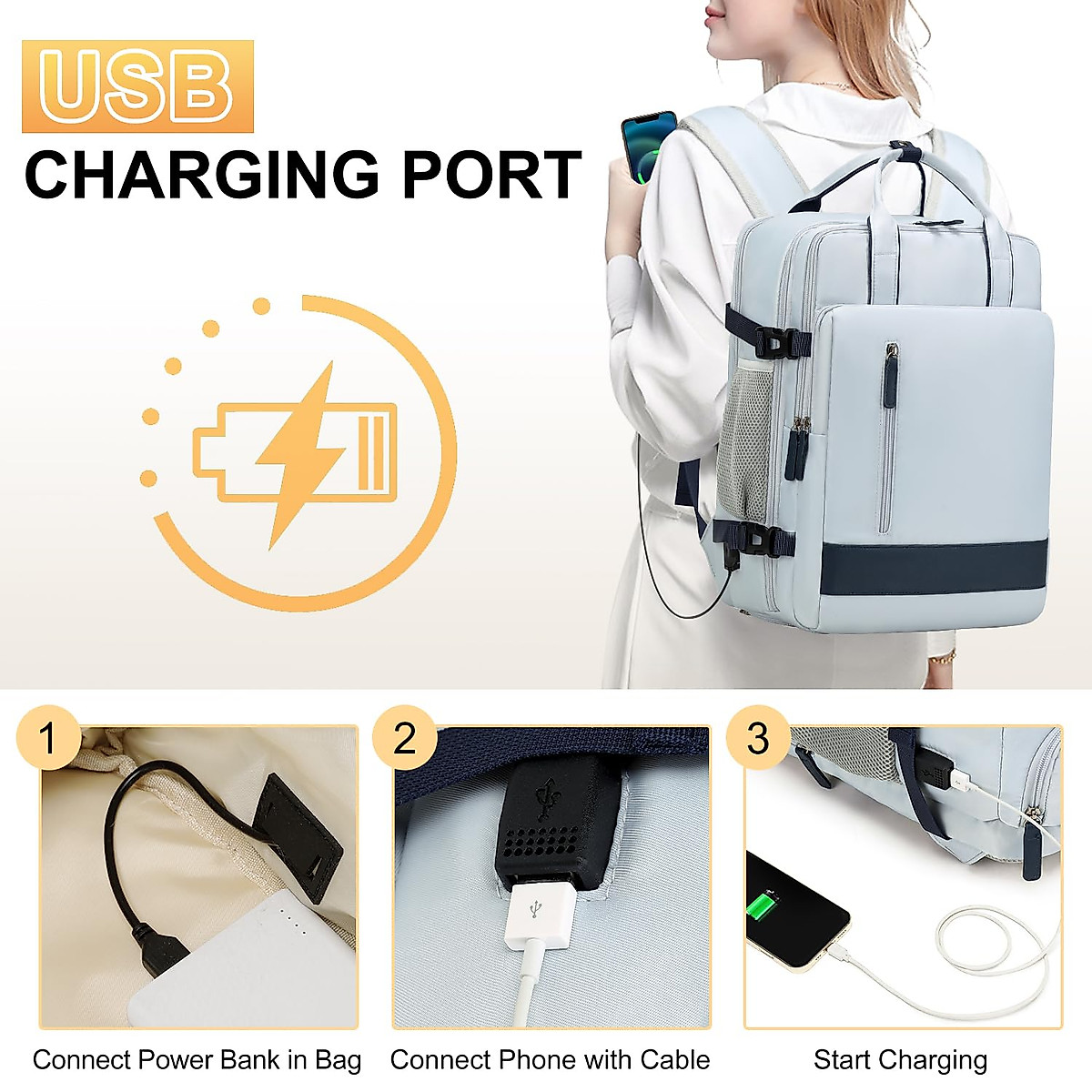 InduSKY Large Travel Backpack for Women, 40L Carry On Backpack Airline Flight Approved with USB Charging Port Shoes Compartment, Personal Luggage Backpack Casual Daypack 15.6 Inch Laptop Backpack