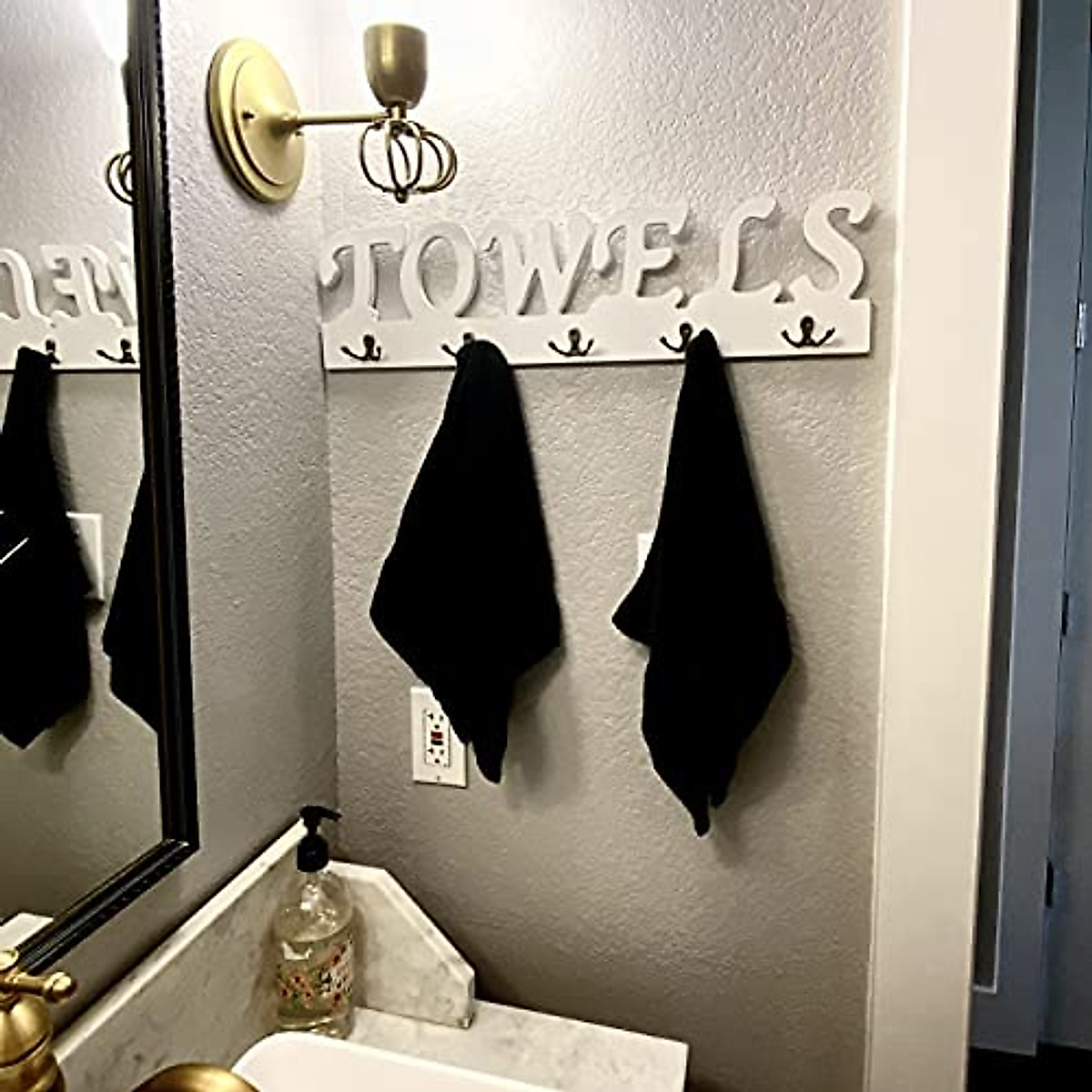 White Towel Holder with 5 Antique Bronze Double Towel Hooks for Your Wall