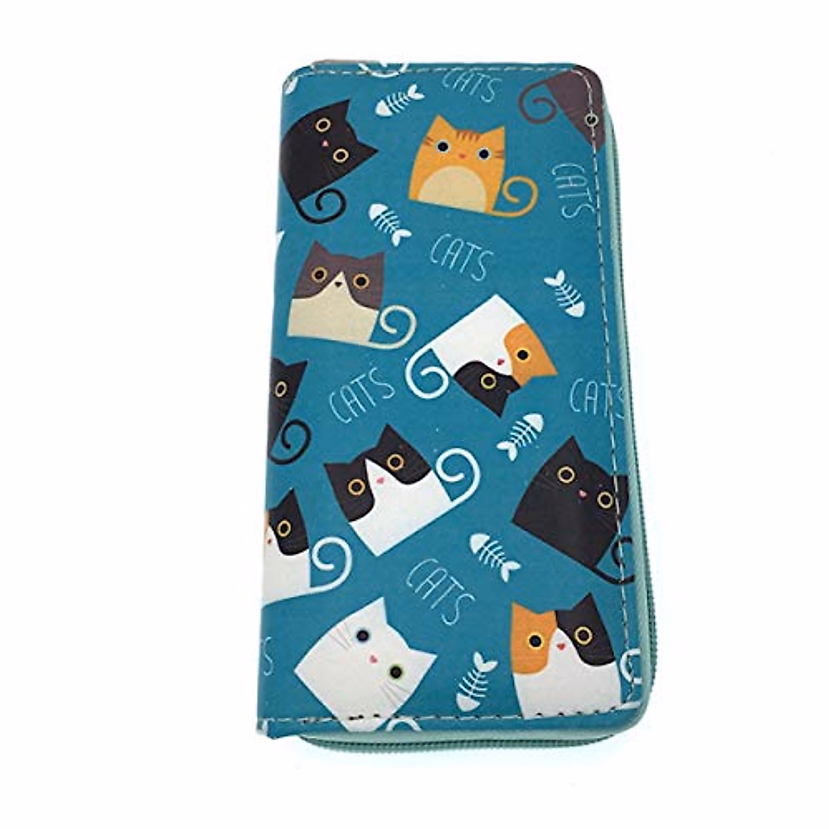 Wallet - Kitty Cat Clutch All-in-One Faux Leather Long Zippered Purse in Fun and Unique Prints (Teal)