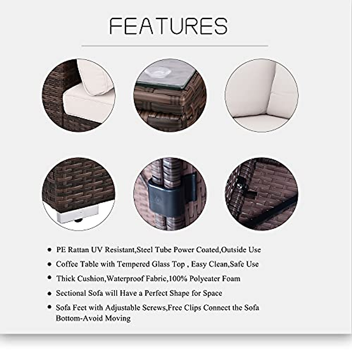 Polar Aurora 7 Pieces Outdoor Patio Sofa Set PE Rattan Wicker Sectional Furniture Outside Couch w/Washable Seat Cushions & Modern Glass Coffee Table