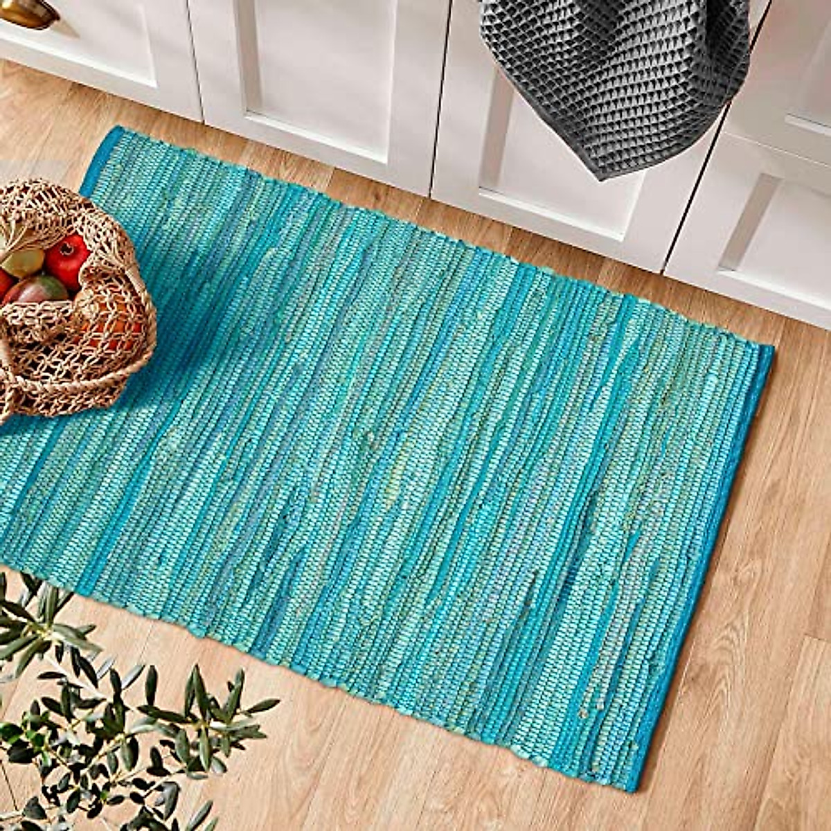 100% Cotton Rag Rug 2x3' - Multicolor Chindi Rug - Hand Woven & Reversible for Living Room Kitchen Entryway Rug - Teal,Kitchen Rugs, Farmhouse Rugs, Rugs for Living & Bedroom,Woven Rugs